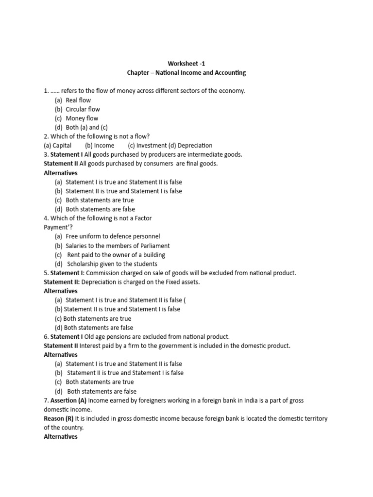 Class XII National Income Worksheet | PDF | Income | Measures Of ...
