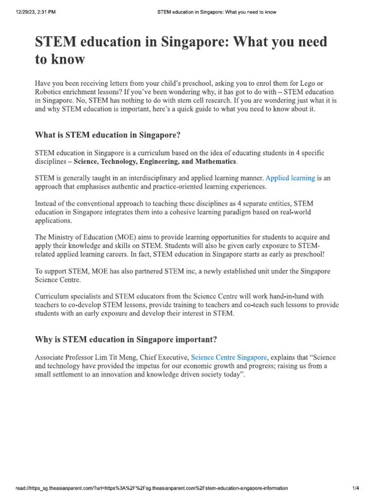 Stem Education in Singapore | PDF
