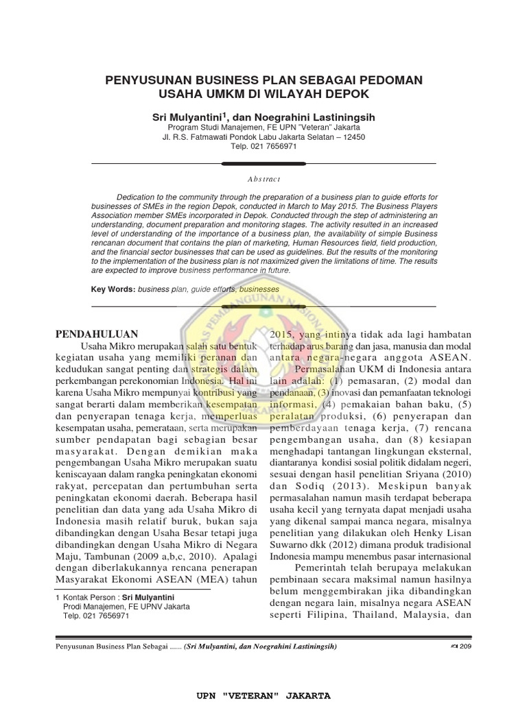 Penyusunan Business Plan Sebagai Pedoman Usaha Umkm Di Wilayah Depok | PDF