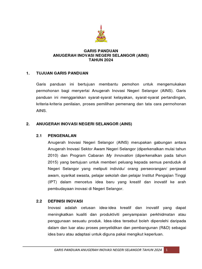 Garis Panduan Anugerah Inovasi Negeri Selangor (AINS) Tahun 2024 | PDF