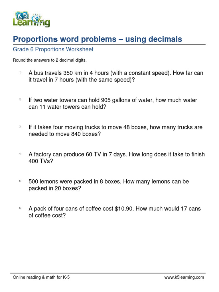 Grade 6 Proportion Word Problems Using Decimals A | PDF