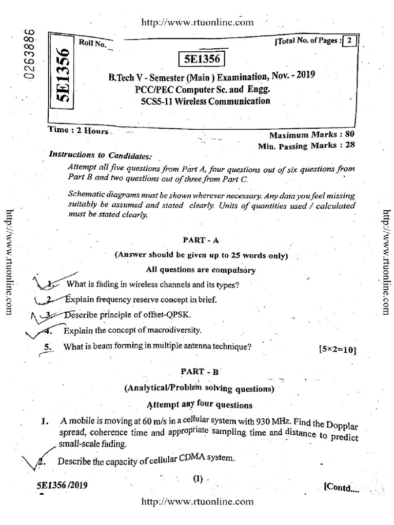 Btech Cs 5 Sem Wireless Communication 5e1356 Nov 2019 Pdf 