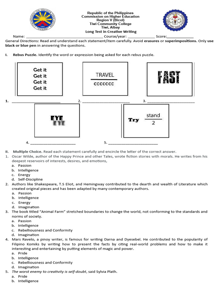 Creative Writing Long Test Guide | PDF | Narration