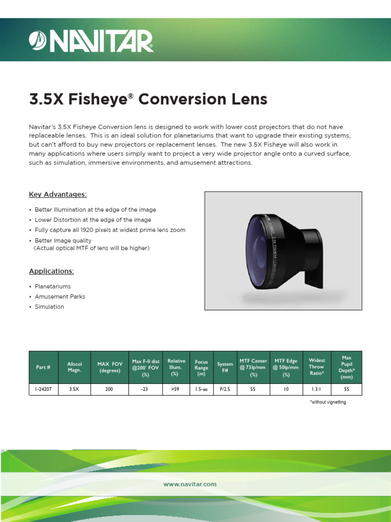 Navitar 35x Fisheye Conversion Lens Flyer | PDF | Zoom Lens | Optical ...