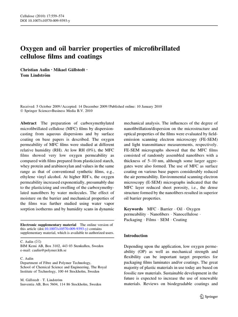 Oxygen and Oil Barrier Properties of Microfibrillated Cellulose Films ...