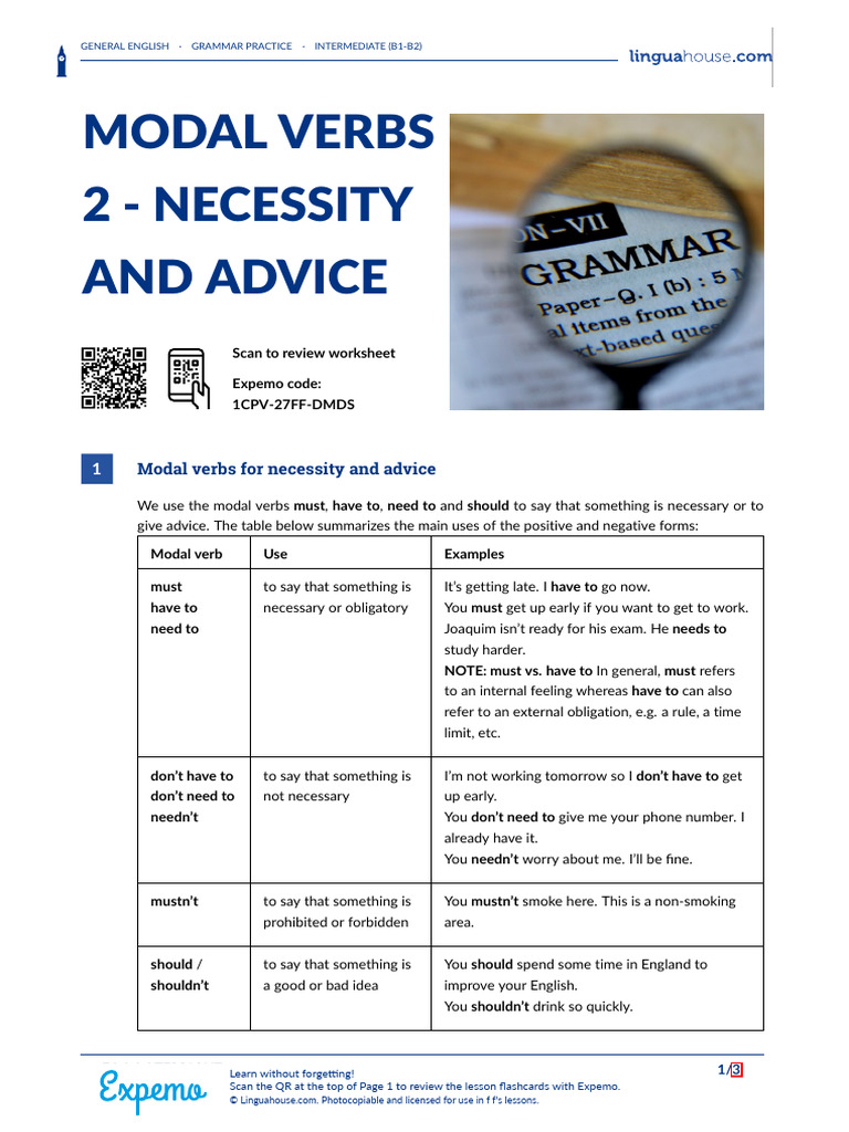Modal Verbs: Necessity & Advice | PDF | Semantic Units | Linguistic ...