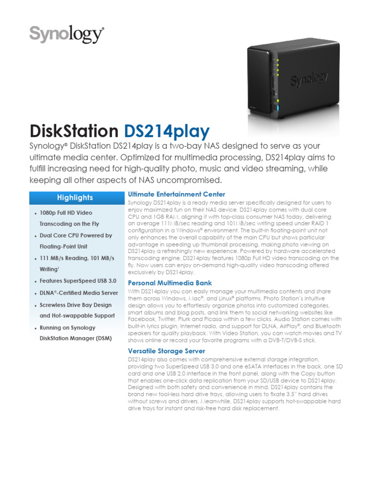 Synology DS214play Data Sheet | PDF | File Transfer Protocol | Usb