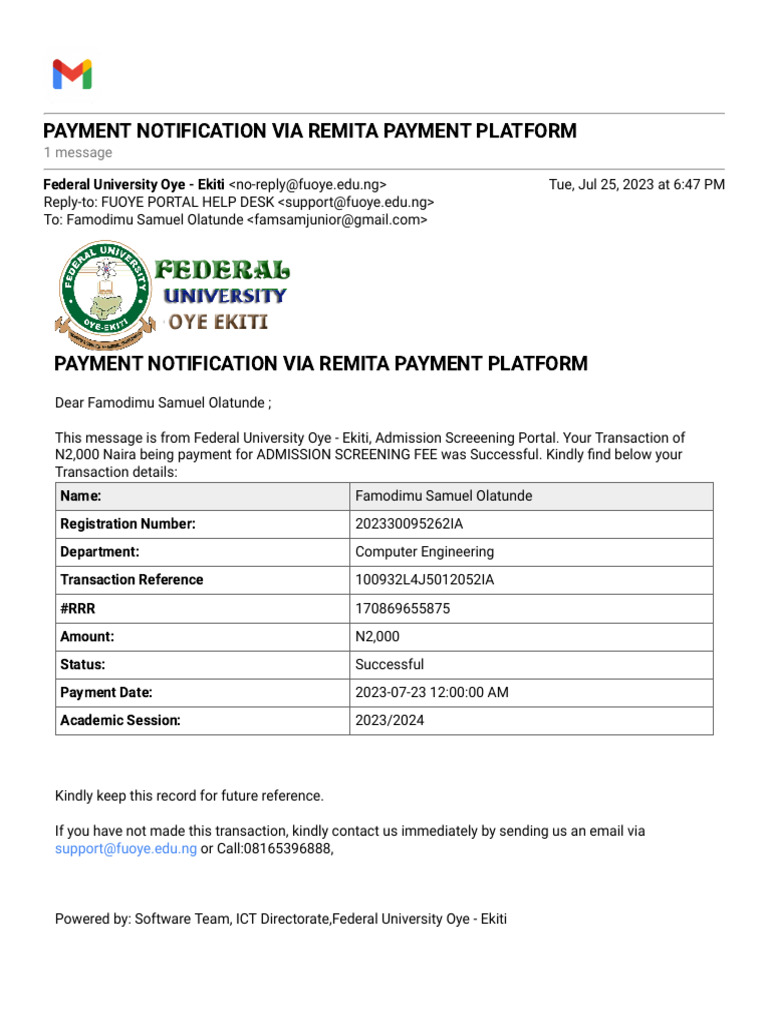 Gmail - PAYMENT NOTIFICATION VIA REMITA PAYMENT PLATFORM | PDF | Career & Growth | Finance ...