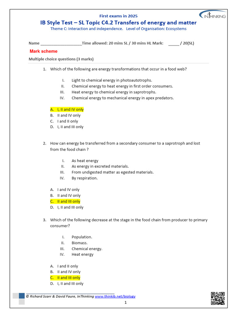 IB Biology C4.2 Energy Transfers Test | PDF | Food Web | Ecosystem