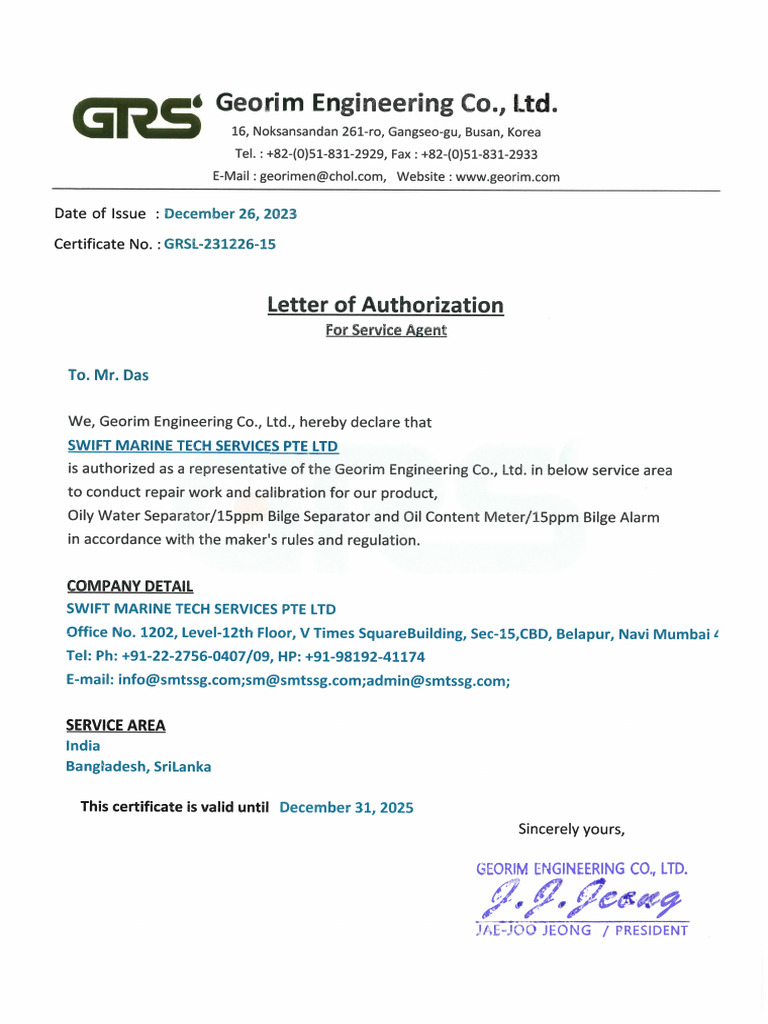 2025 Letter - Georim Engg Swift Authorisation 20231226-20251231 Letter ...