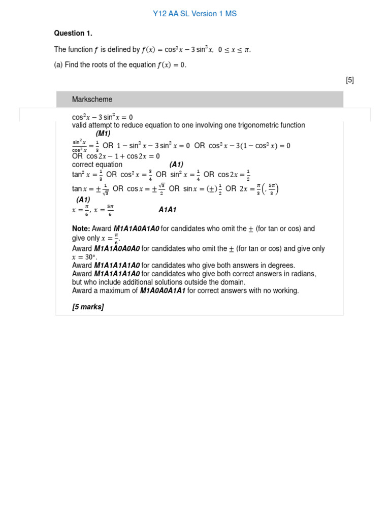 Trig Identities and Equations P1 Y12AASL Version 1 MS | PDF | Area ...