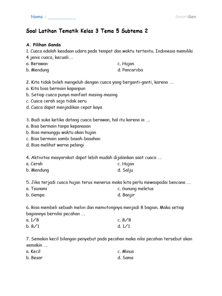 Soal Tema 5 Sub Tema 2 | PDF | Griya & Taman