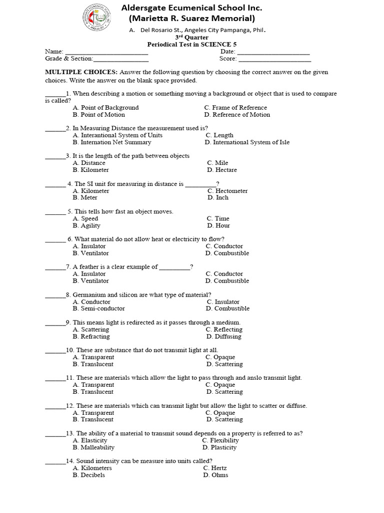Science 5 Periodical Test Questions | PDF | Sound | Light