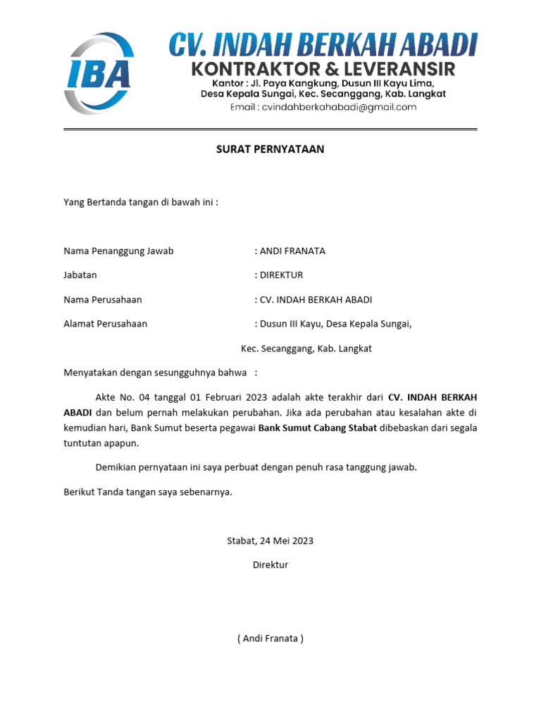 Surat Pernyataan Akta Pendirian CV | PDF