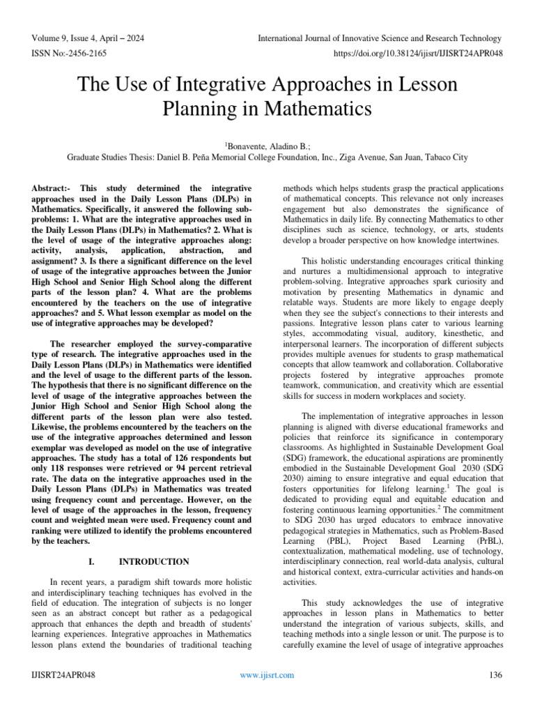 The Use of Integrative Approaches in Lesson Planning in Mathematics ...