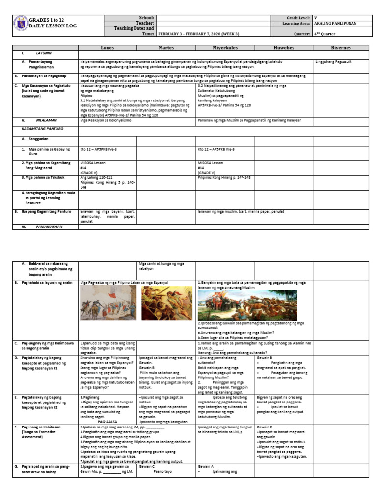 Grade 5 DLL Araling Panlipunan 5 Q4 Week 3 | PDF