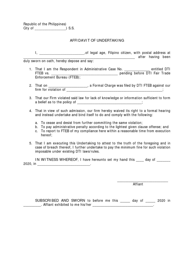 Affidavit of Undertaking Template | PDF | Finance & Money Management