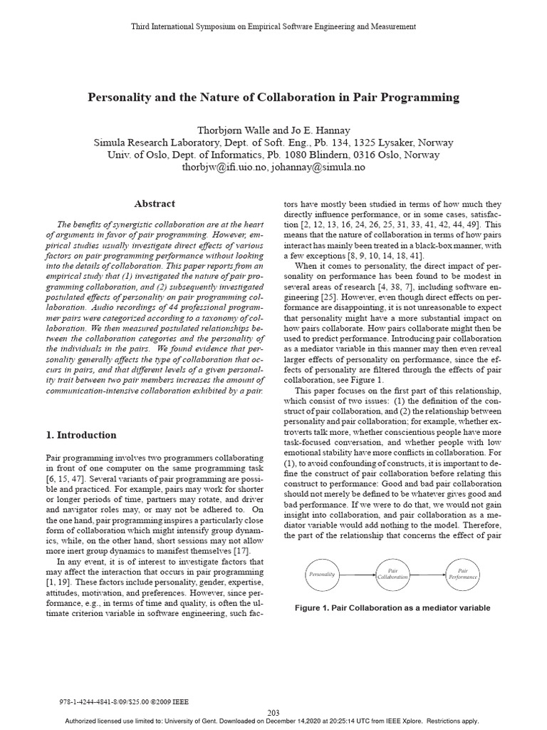 Personality and Pair Programming | PDF