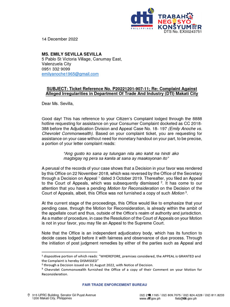 DTI Complaint Process Update | PDF | Appeal | Complaint