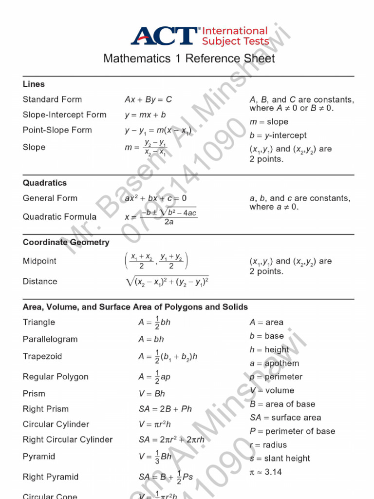 Mathematics I Reference Sheet | PDF | Area | Circle