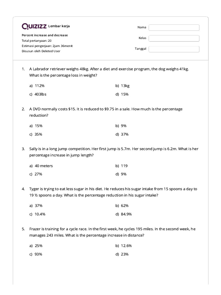 Percent Increase and Decrease - Quizizz | PDF