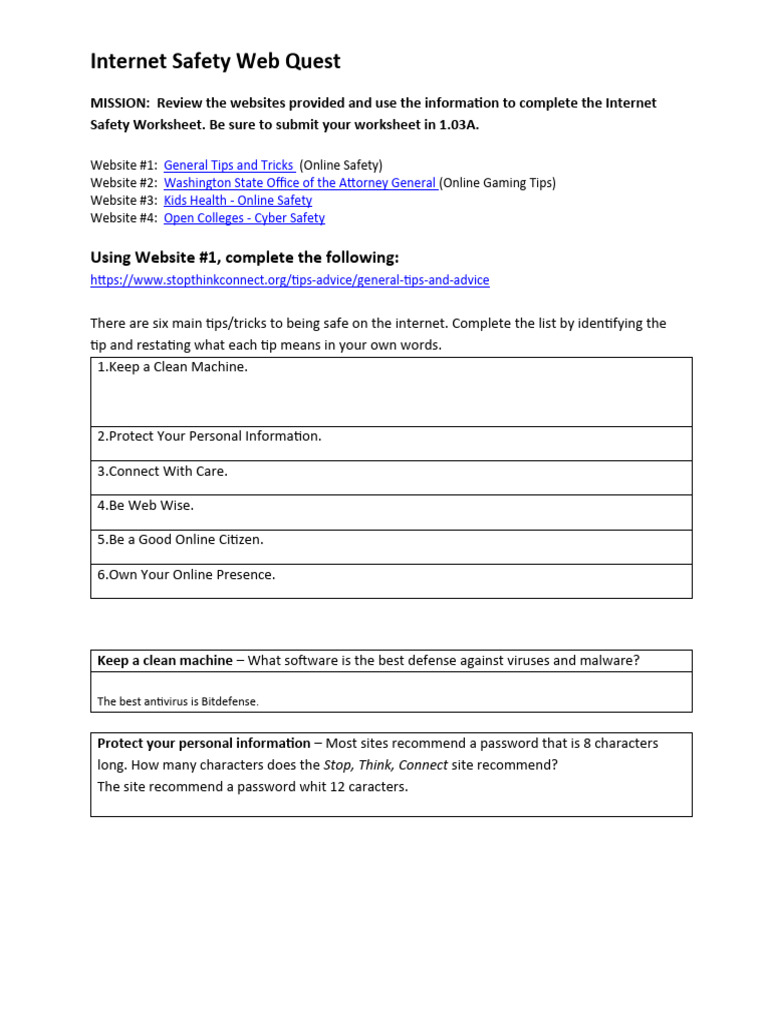 Internet+Safety+Webquest 1 | PDF | Cyberbullying | Cyberspace