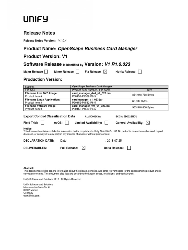 OpenScape Business Card Manager V1 R1.0.023 Release Note V1.0.4 Extern ...