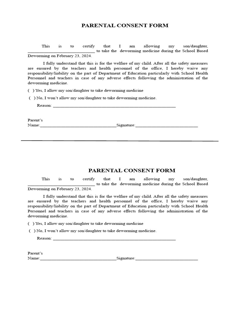 PARENTAL CONSENT FORM-deworming | PDF | Self-Improvement | Science ...