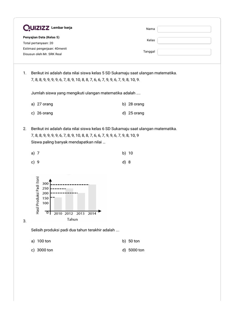 Penyajian Data (Kelas 5) - Quizizz | PDF