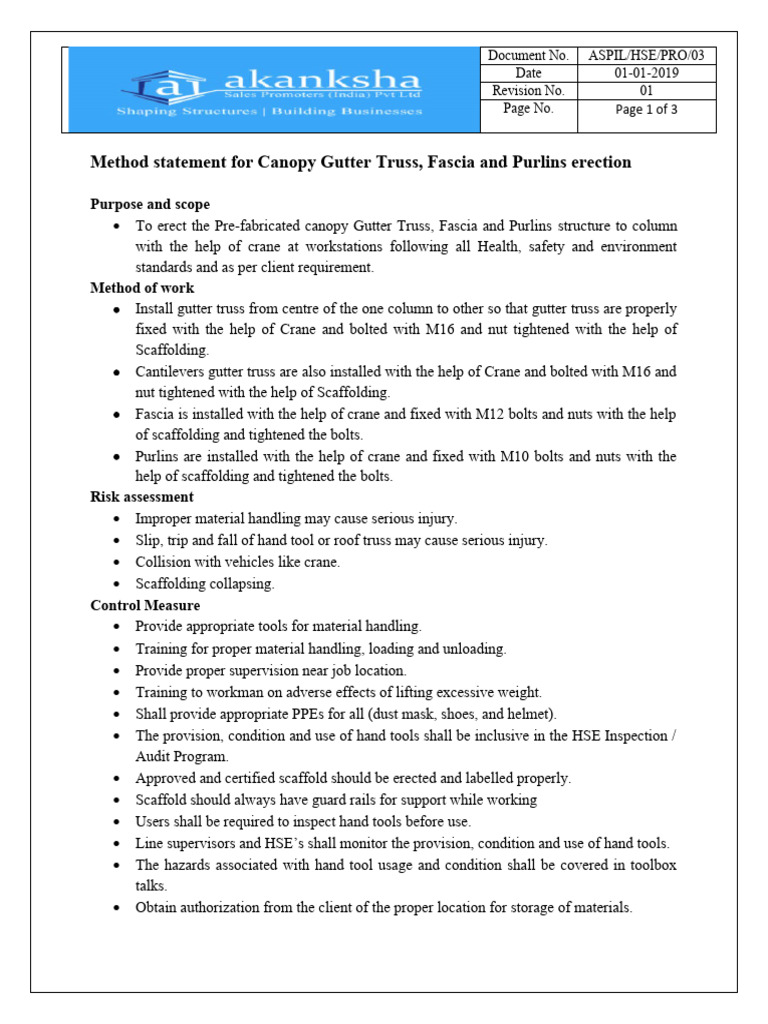 3 Method Statement For Canopy Gutter Truss, Facia and Purlins Erection | Download Free PDF ...