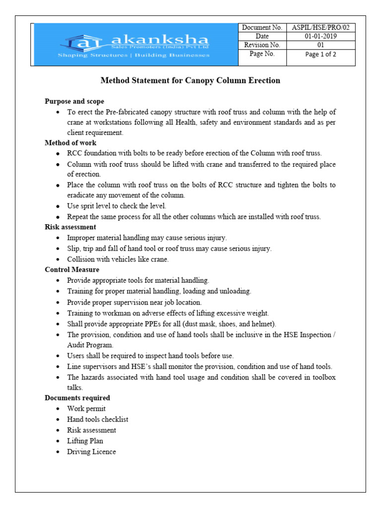 Canopy Column Erection Method Statement | PDF | Personal Protective Equipment | Crane (Machine)