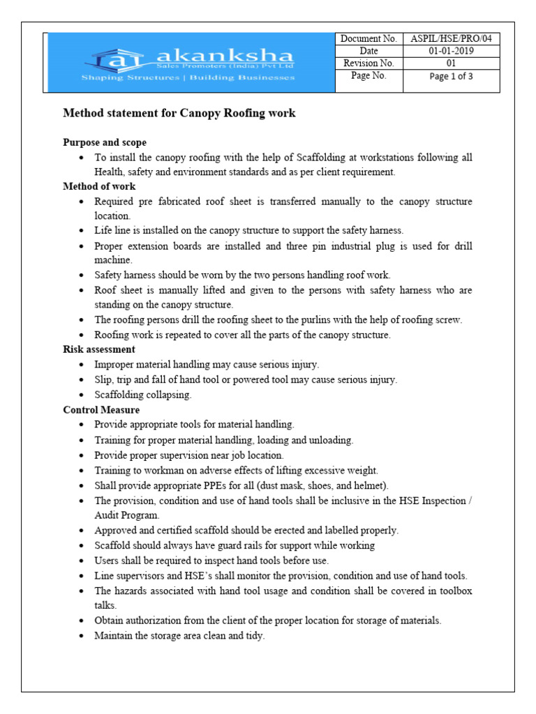 4 Method Statement For Canopy Roofing Work | PDF | Personal Protective Equipment | Scaffolding