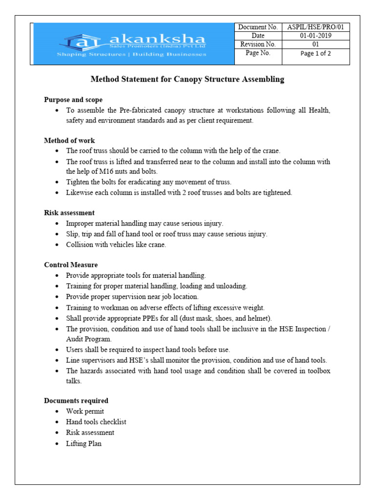 1 Method Statement For Canopy Assembling | PDF | Personal Protective ...