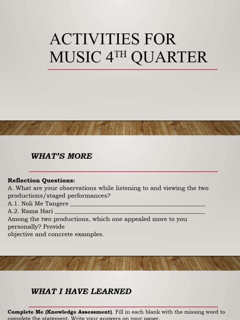 4th Quarter Music Activities Guide | PDF | Language Arts & Discipline