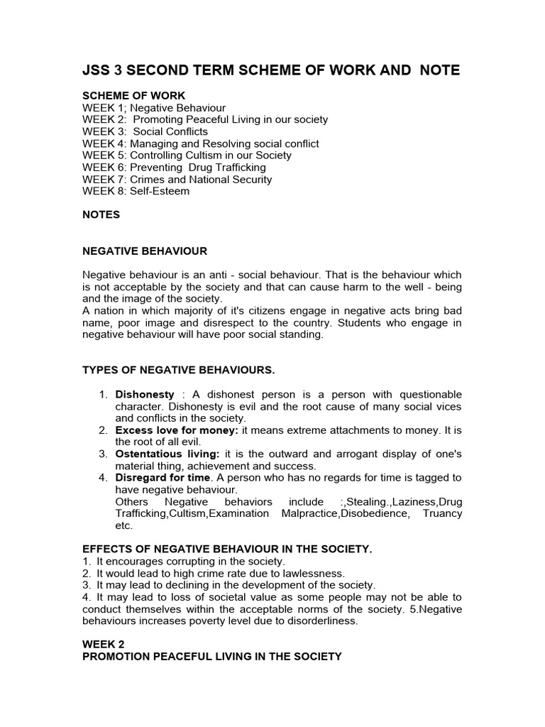 JSS 3 Second Term Nve Note | PDF | Self Esteem | Peace