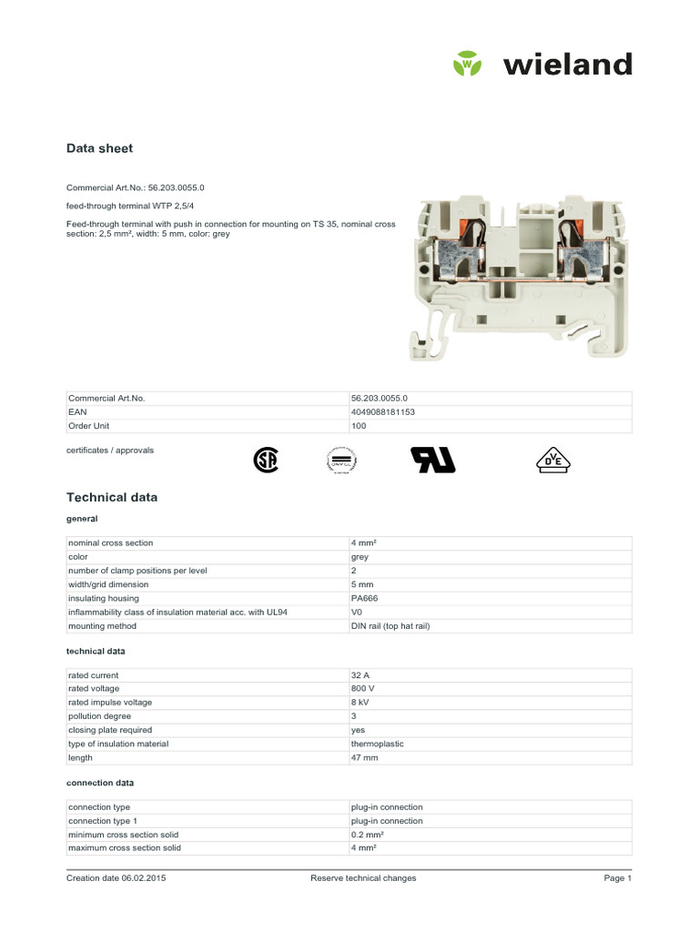 Feed-Through Terminal WTP 2.5/4 Data Sheet | PDF | Electrical Wiring ...