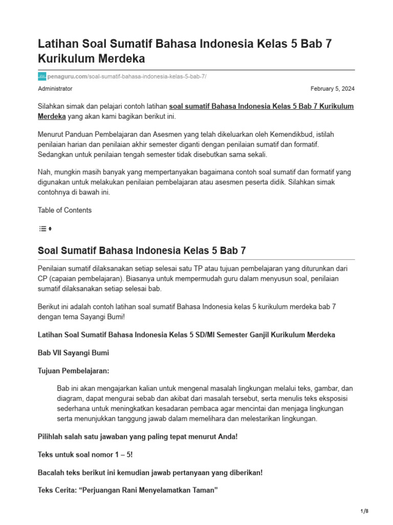Latihan Soal Sumatif Bahasa Indonesia Kelas 5 Bab 7 Kurikulum Merdeka | PDF