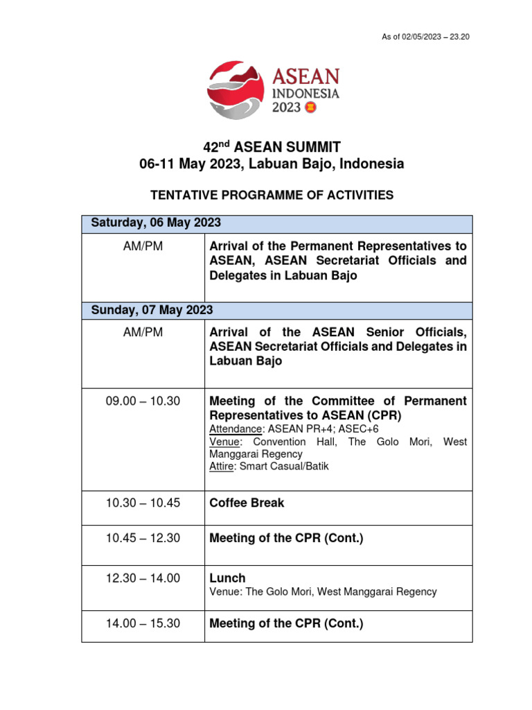 Tentative Program SOM-AMM-APSC-ACC-42nd ASEAN Summit As of 2 May 2023 R3 | PDF