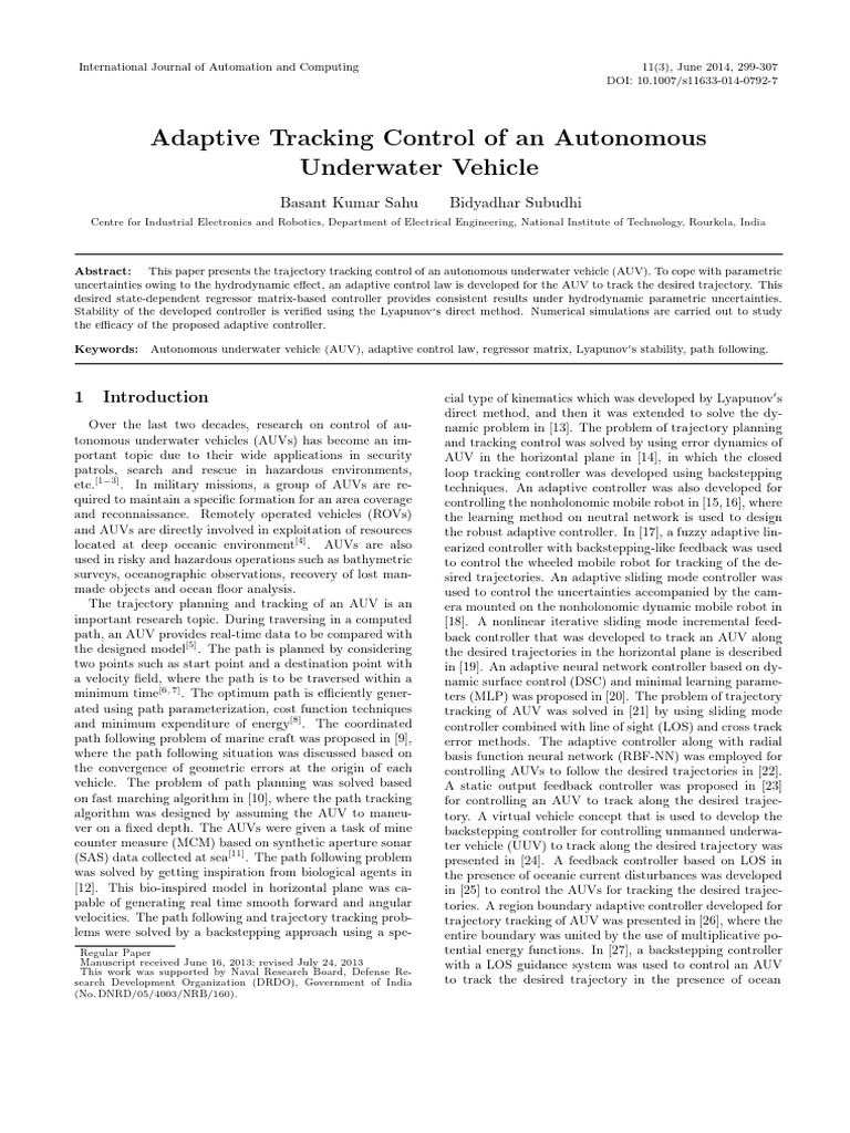 Adaptive Tracking Control Of An Autonomous Underwater Vehicle Pdf Control Theory Force