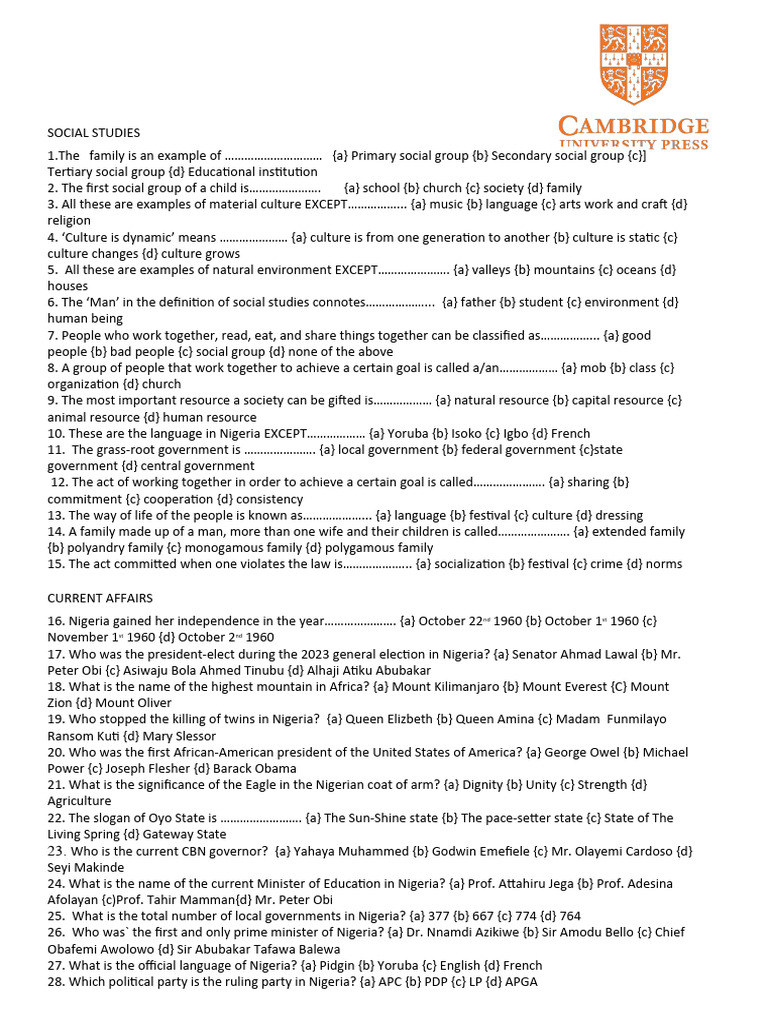 Common Entrance Question Social Studies and Current Affairs | PDF ...