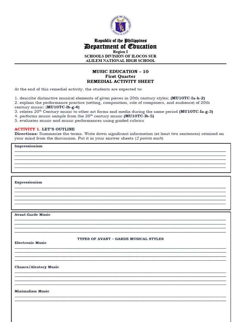 Grade 10 MAPEH 1st Quarter Remedial Activities | PDF | Health Care ...
