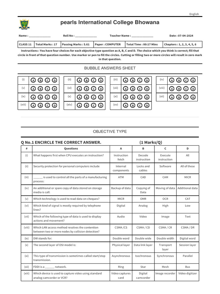 Class 11 Computer Exam Bubble Sheet | PDF | Video | Computer Data Storage