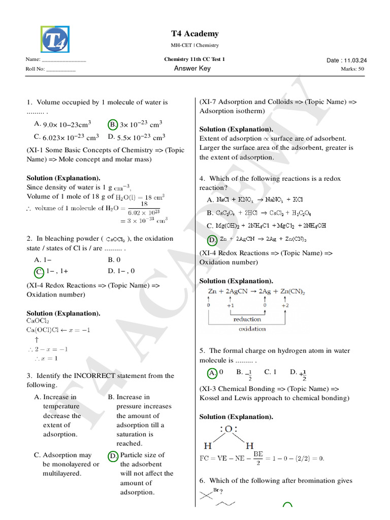 11th CET-Chem Ans Key - 11.03.24 | PDF | Chemical Bond | Molecular Orbital