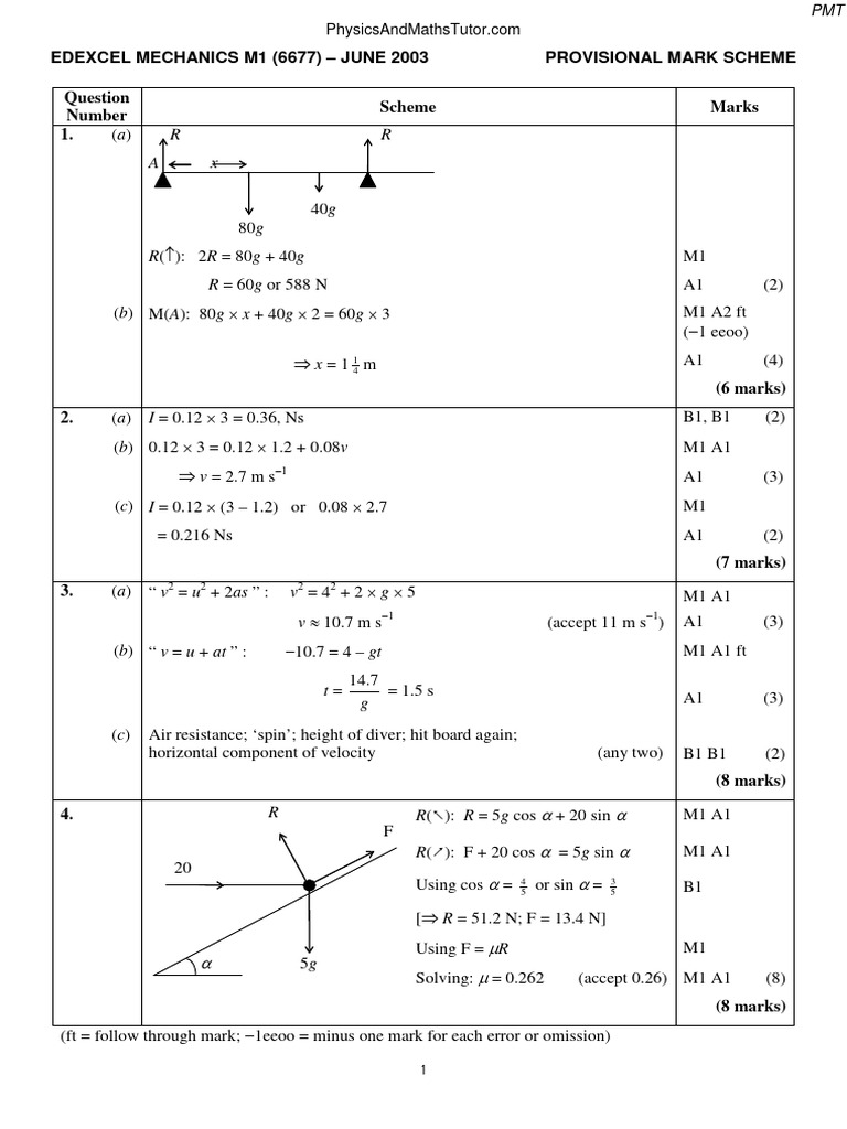 Edexcel M1 Mechanics June 2003 Marking Guide | PDF | Mechanics ...