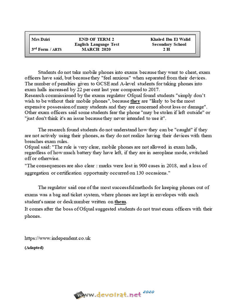 Devoir de Synthèse N°2 - Anglais - 3ème Lettres (2019-2020) Mme Besma Riabi Dziri | PDF