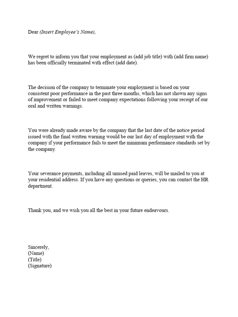Employee Termination Letter For Poor Performance | PDF