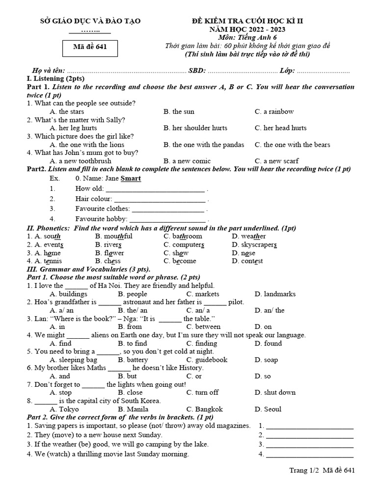 Anh 6- Mã 641- Đề HKII | PDF