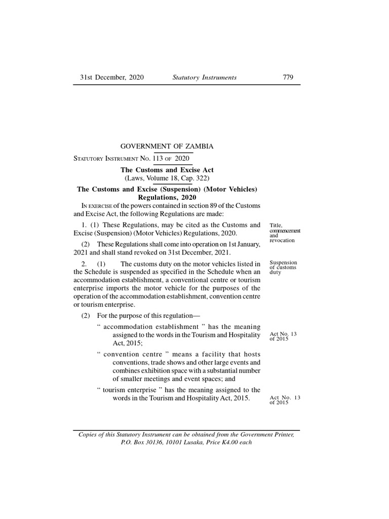 S.I. No. 113 of 2020, The Customs and Excise Act (Suspension) (Motor ...