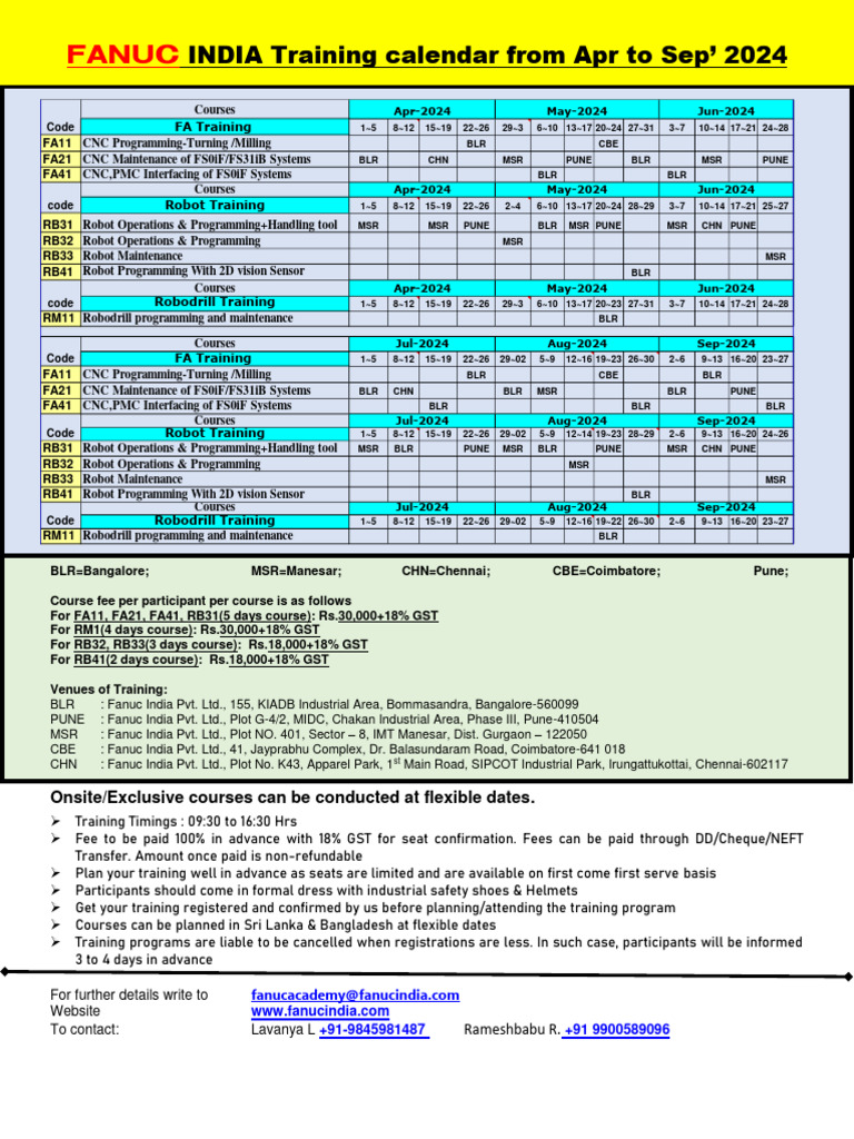 FANUC India Training Calendar Apr To Sep2024 | PDF | Numerical Control ...