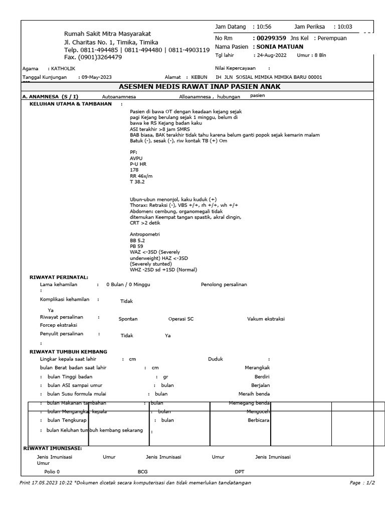 Assesment Rawat Inap Pediatric | PDF
